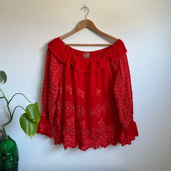 Johnny Was | Tops | Johnny Was Red Rayon Eyelet Embroidered Blouse ...